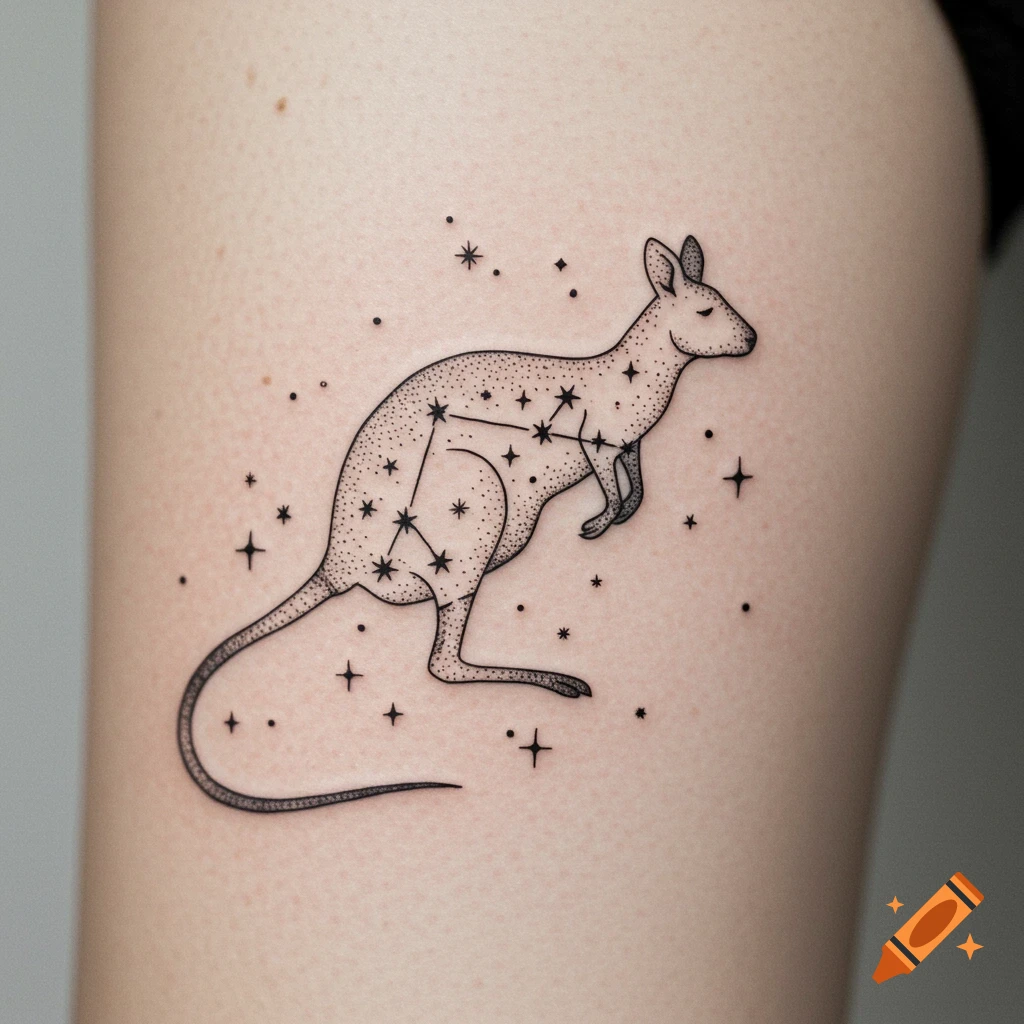 Line art and stippling tattoo of a kangaroo with a constellation on its ...