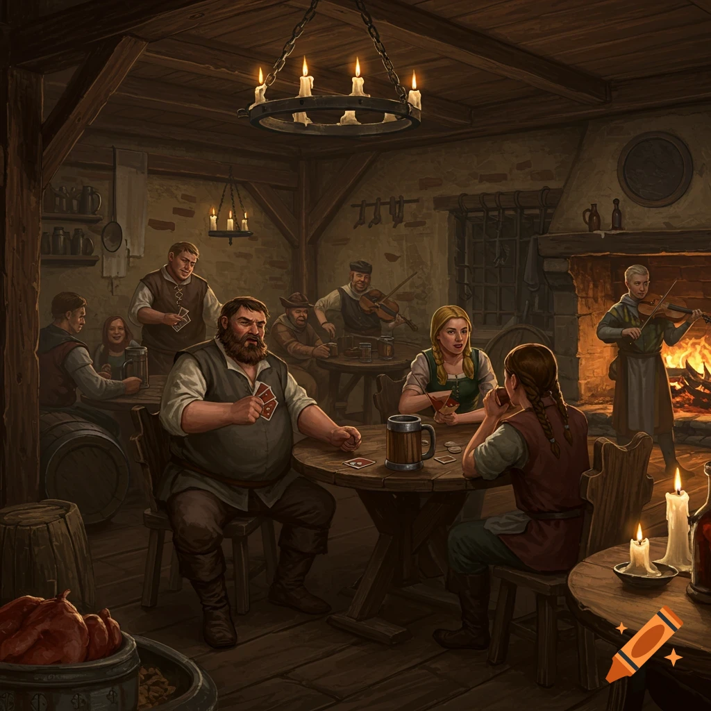 A cozy fantasy tavern interior with a bartender behind a bar, tables, a ...
