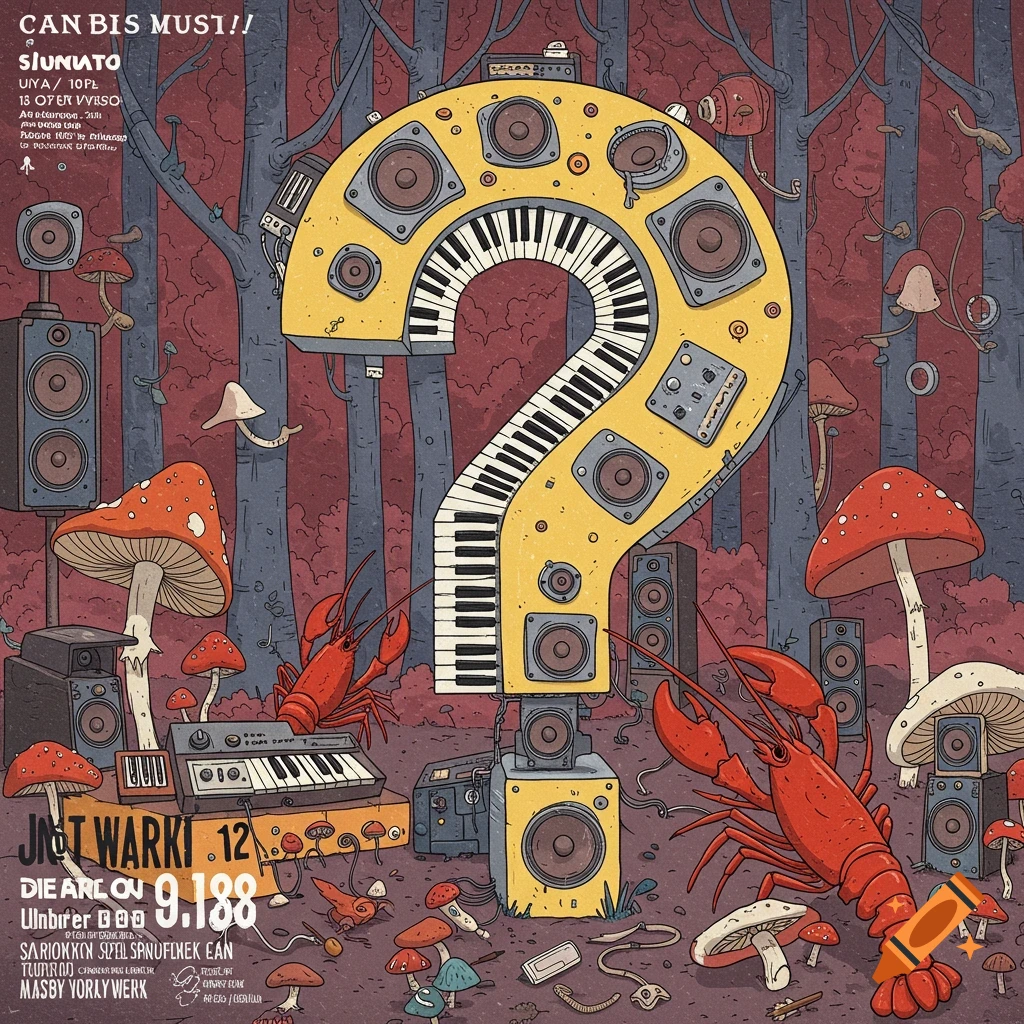 Music poster with a question mark made of synths and speakers, in a ...