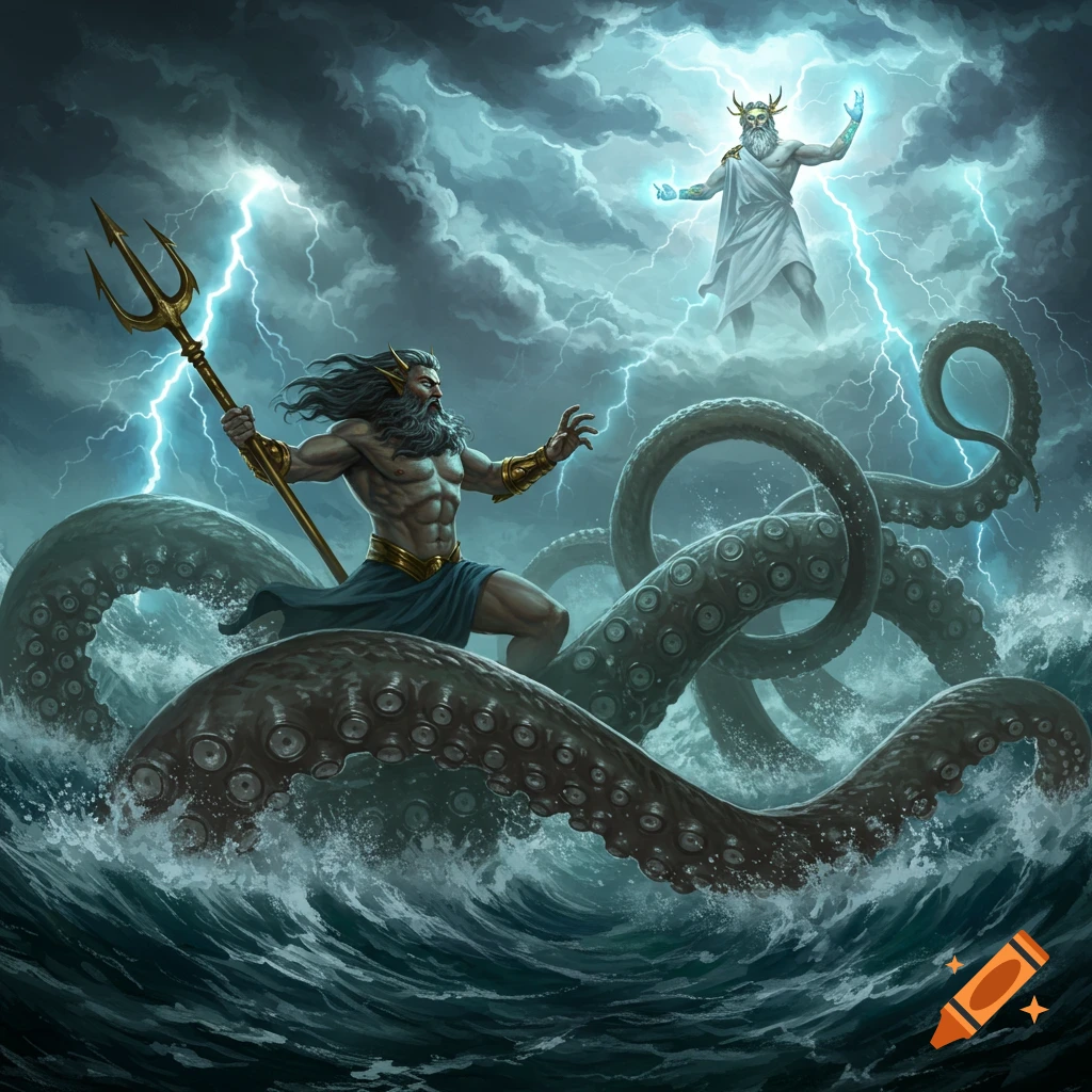 Poseidon riding a kraken fighting Zeus in a stormy sea. on Craiyon