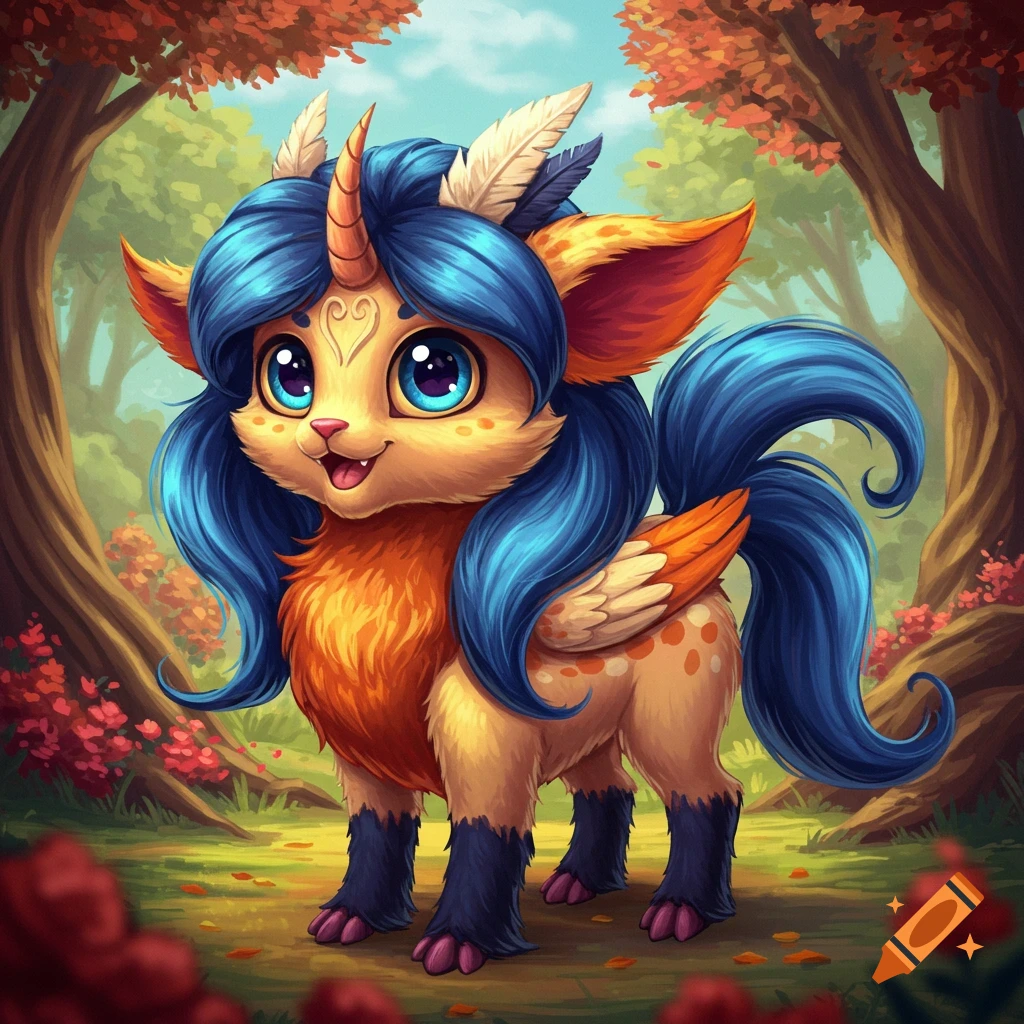 A cute fantasy creature with blue hair, a horn, and wings stands in a forest. on Craiyon