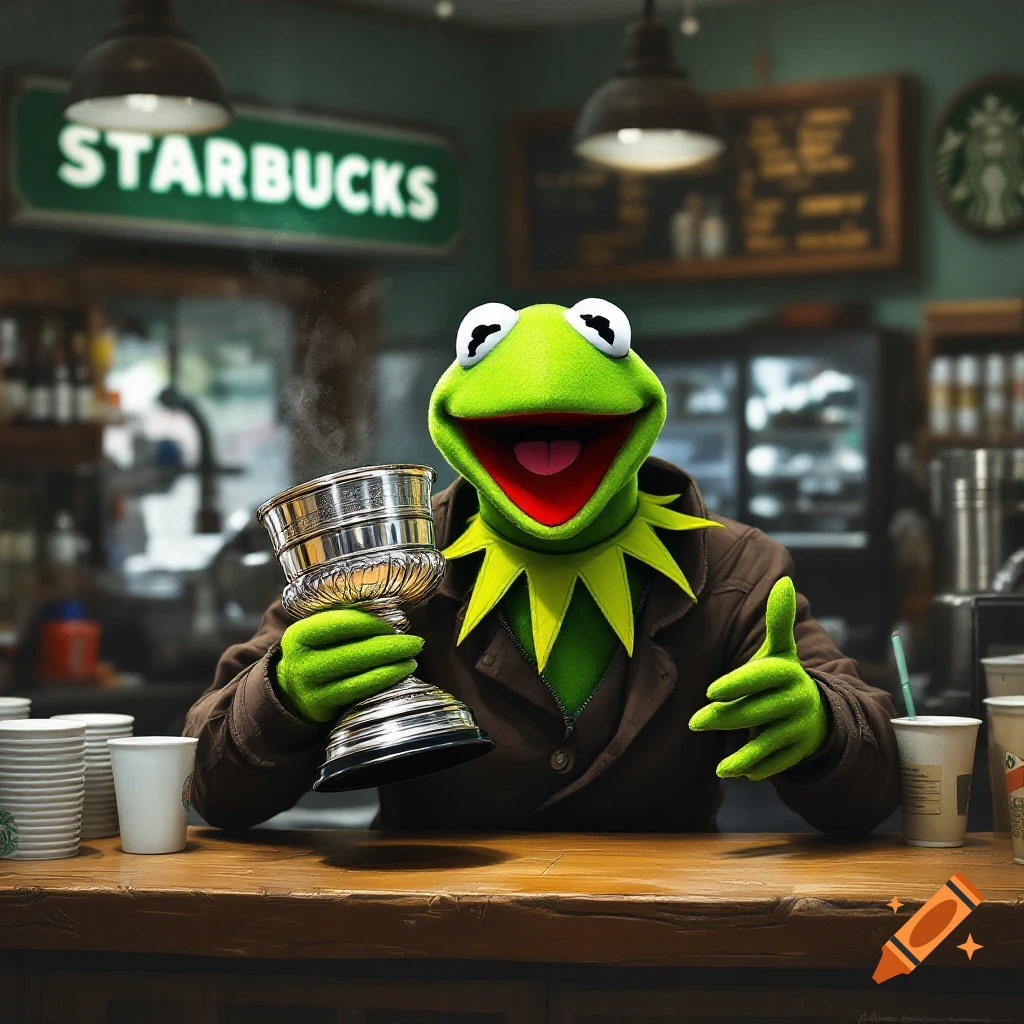 Kermit the Frog in a Starbucks holds a trophy and gives a thumbs up. on Craiyon
