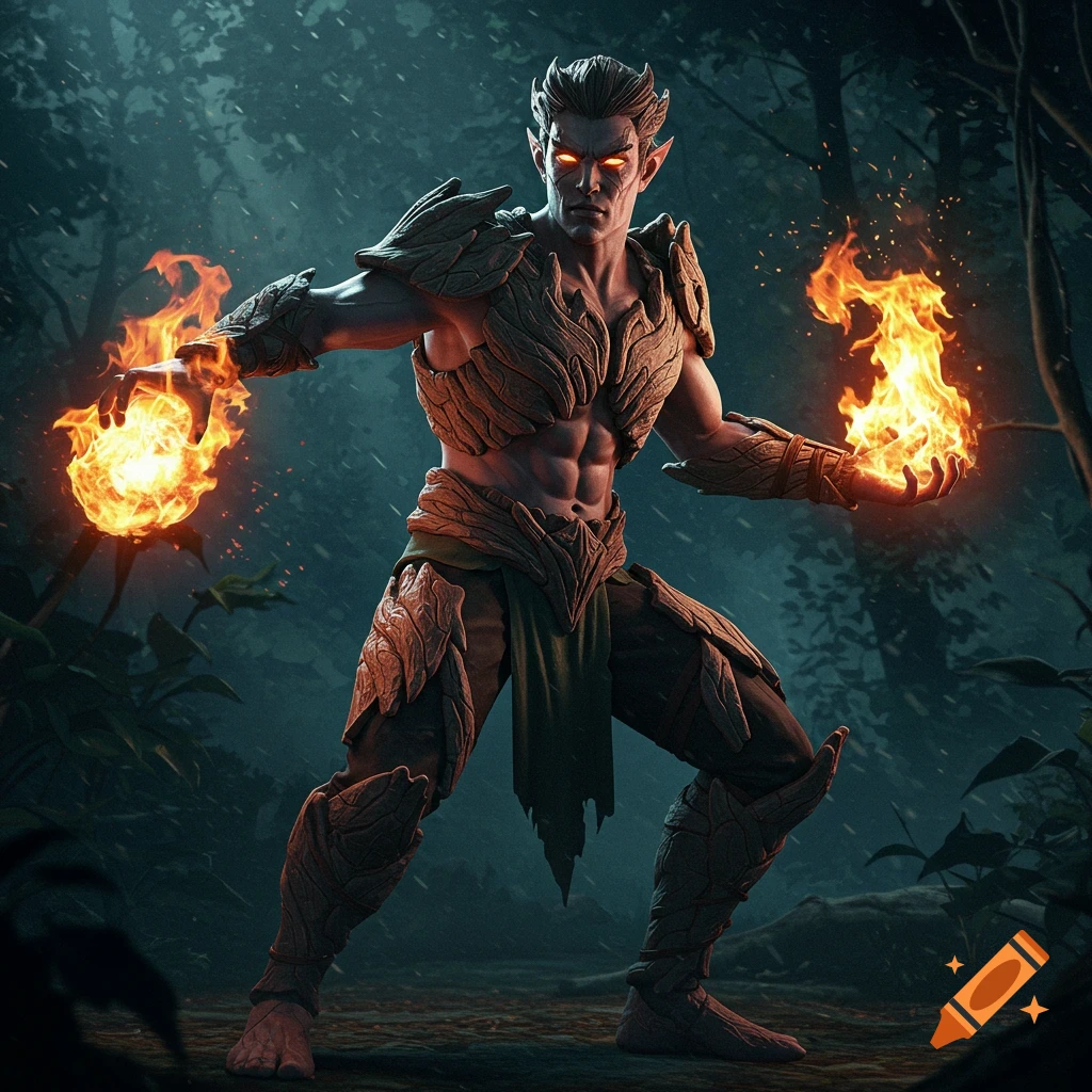 A male elf in bark armor casts fire magic from his hands in a dark ...