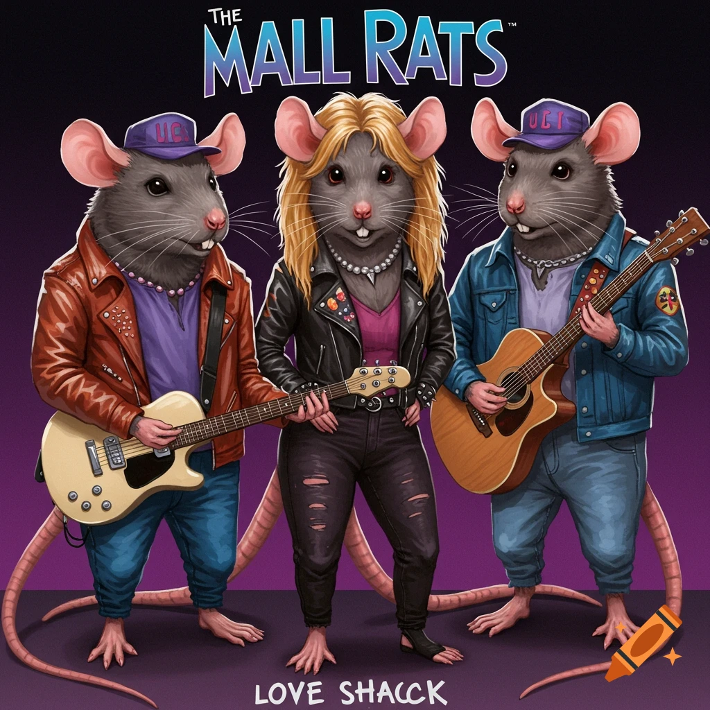 Cartoon of rats dressed as 80s band The Mall Rats, Love Shack album ...
