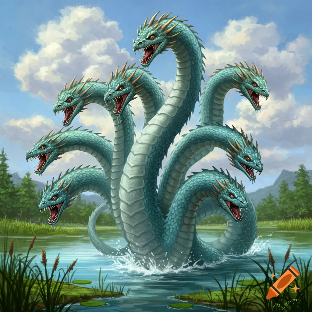 A multi-headed hydra emerging from a lake in a landscape. on Craiyon