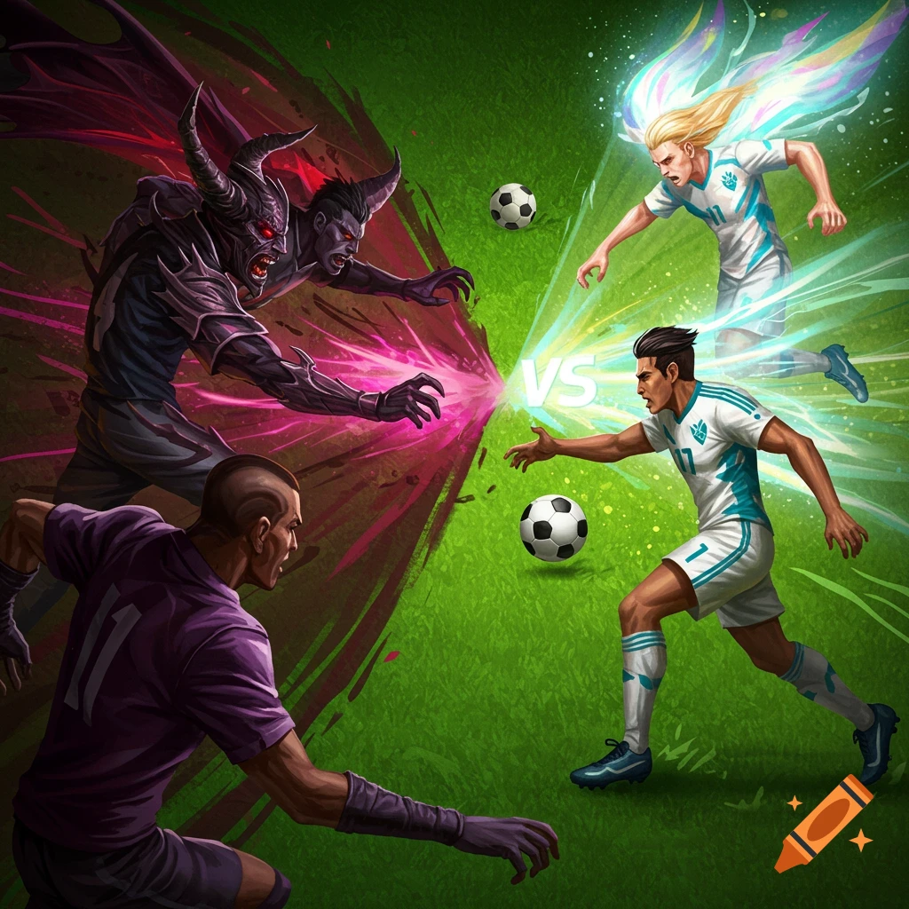 Team villains vs team heroes playing soccer, dark vs light, good vs ...