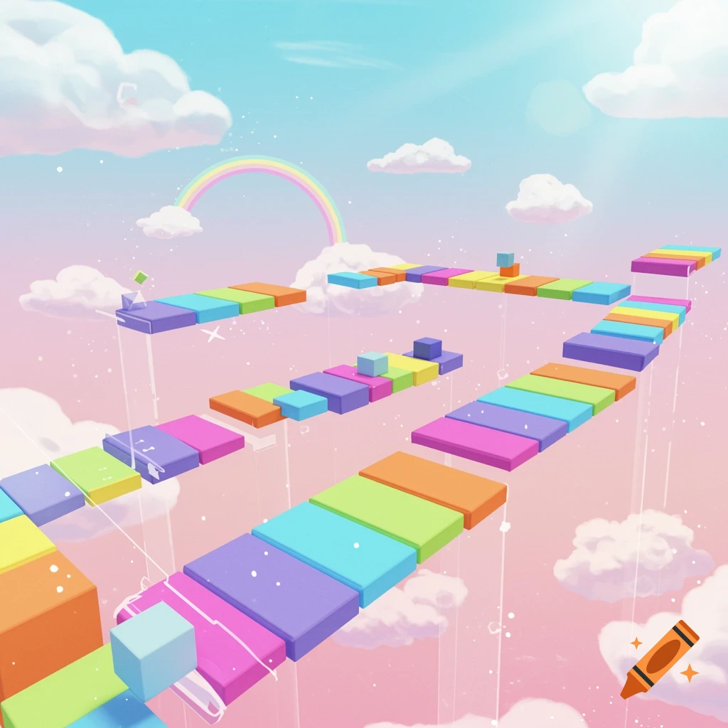 A cartoon of a colorful obstacle course of platforms floating in a ...