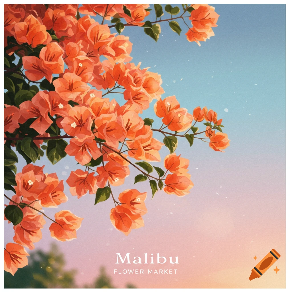 Image of peach bougainvillea flowers against a sky, with 'Malibu Flower ...