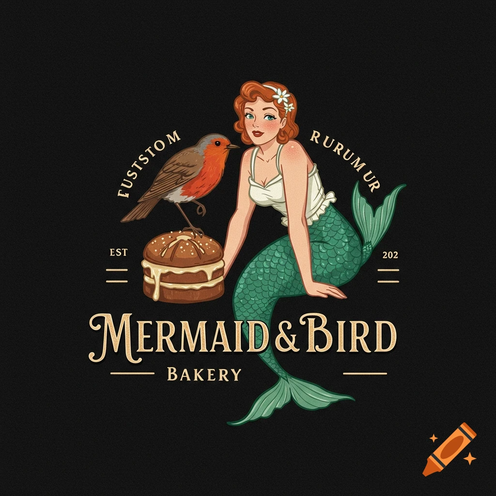 Vintage pin-up style logo for Mermaid & Bird bakery featuring a robin ...