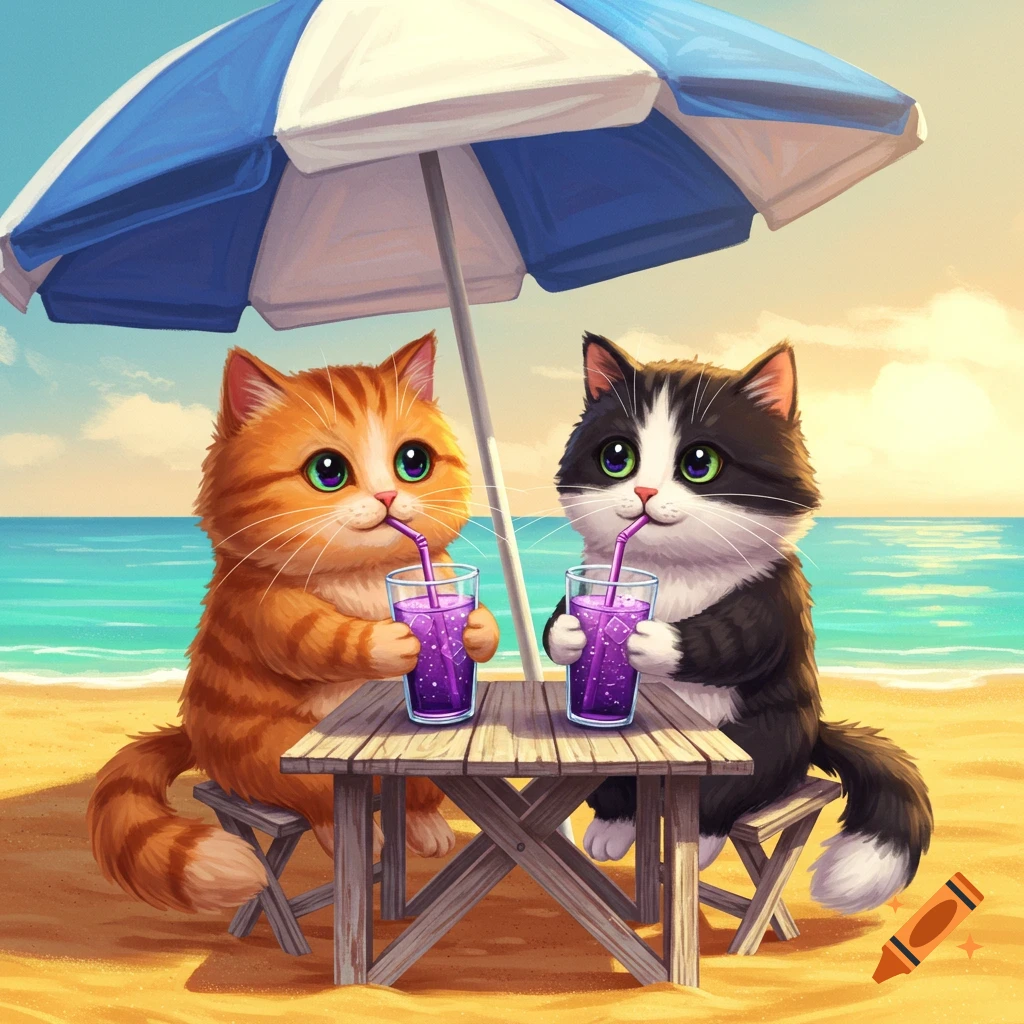 Two cats drinking purple soda on a beach table on Craiyon