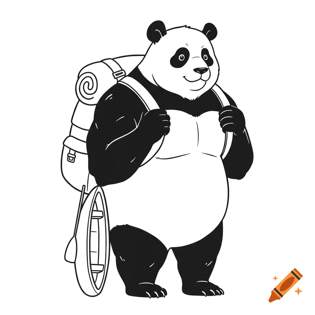 Black and white outline cartoon of a muscular panda with a backpack and ...
