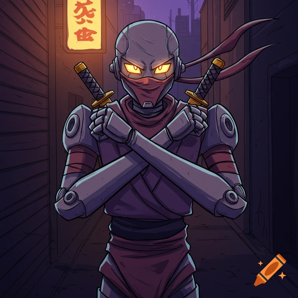 Robot ninja glaring in a back alley, cartoon style on Craiyon