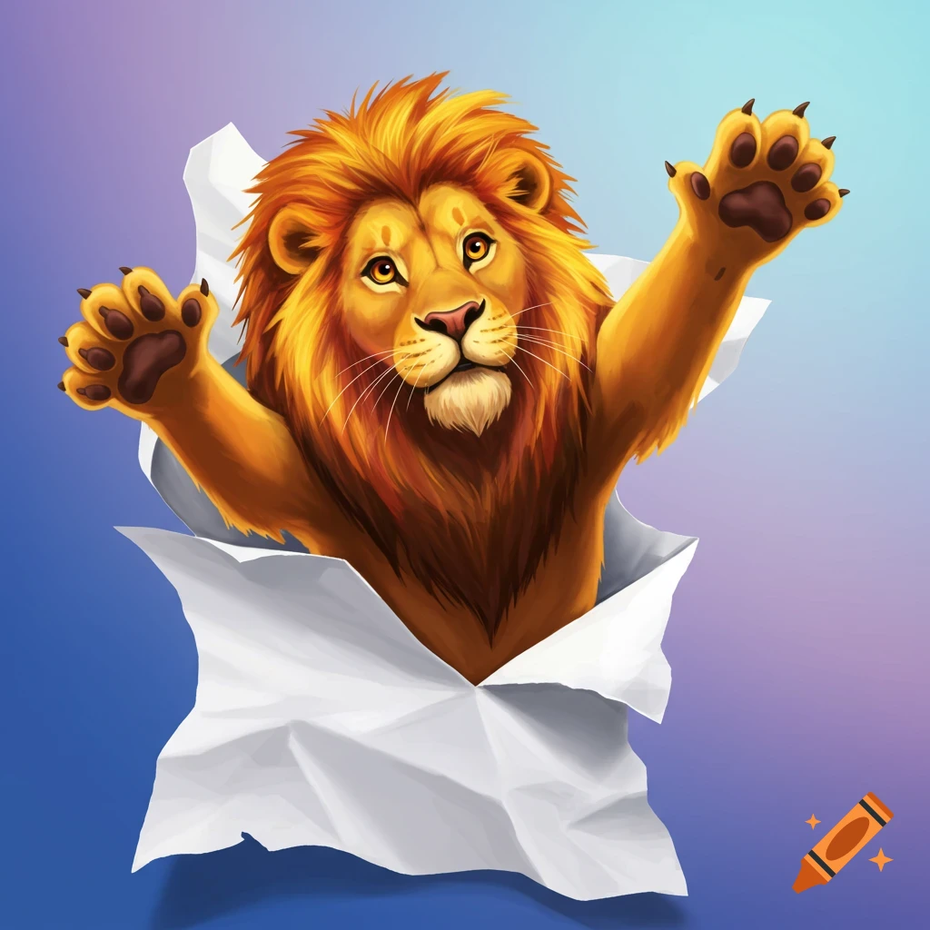 Lion emerging from paper on Craiyon