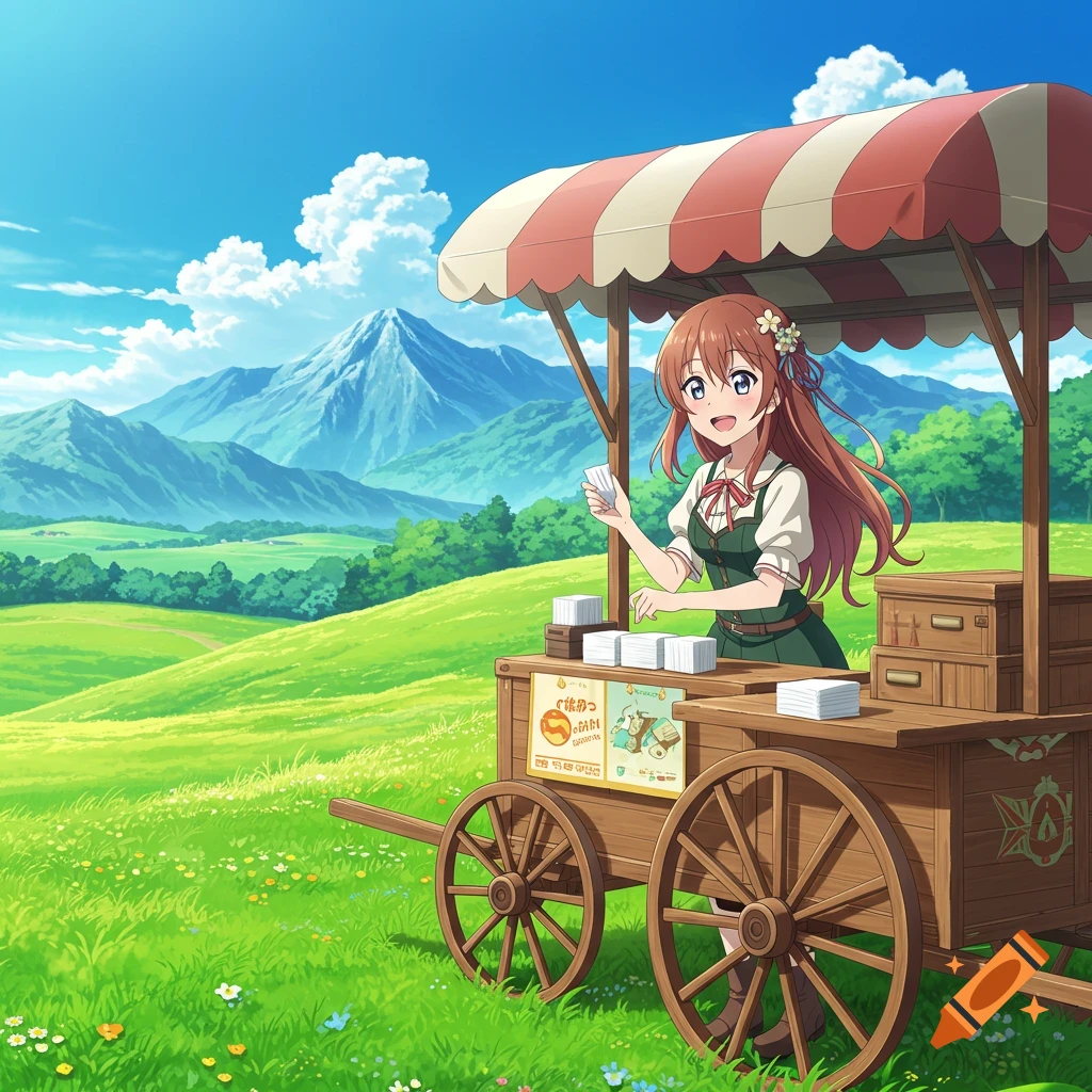 Isekai anime cover of a lady selling napkins from a wagon with rolling ...