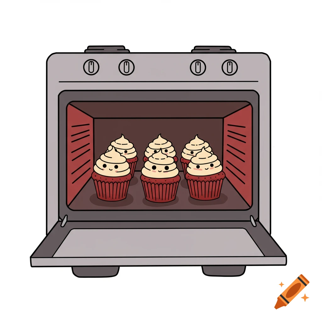 Clipart of red velvet cupcakes cooking in an oven on Craiyon