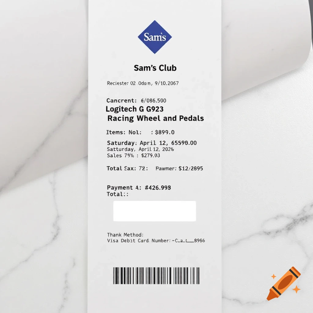 Sam's Club receipt for Logitech G923 Racing Wheel on Craiyon