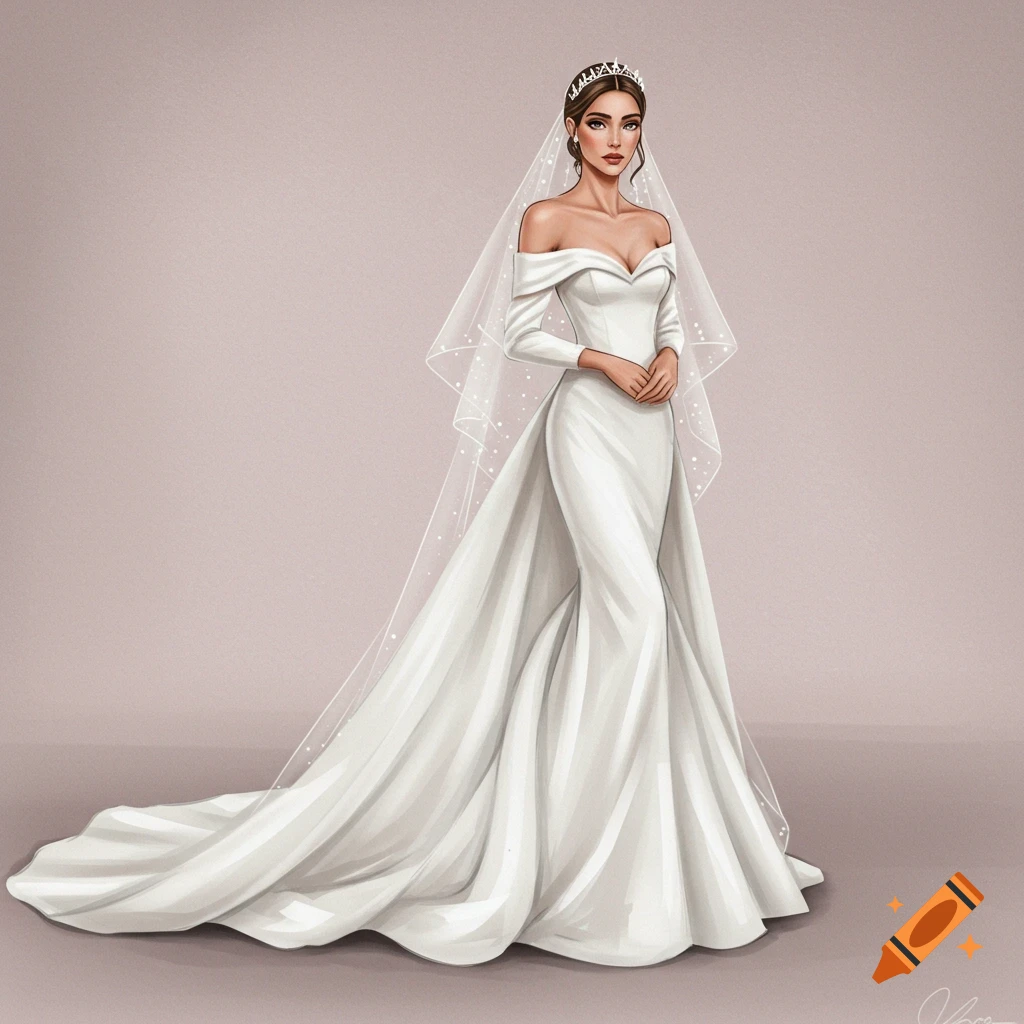 Elegant wedding gown with off-the-shoulder trumpet sleeves on Craiyon