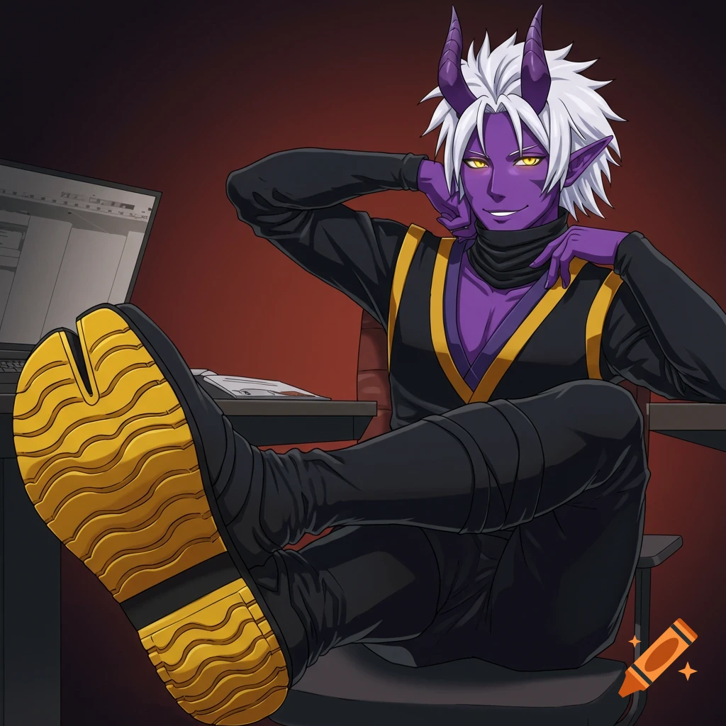Tiefling thief with purple skin and glowing eyes wearing two-toed Jika ...