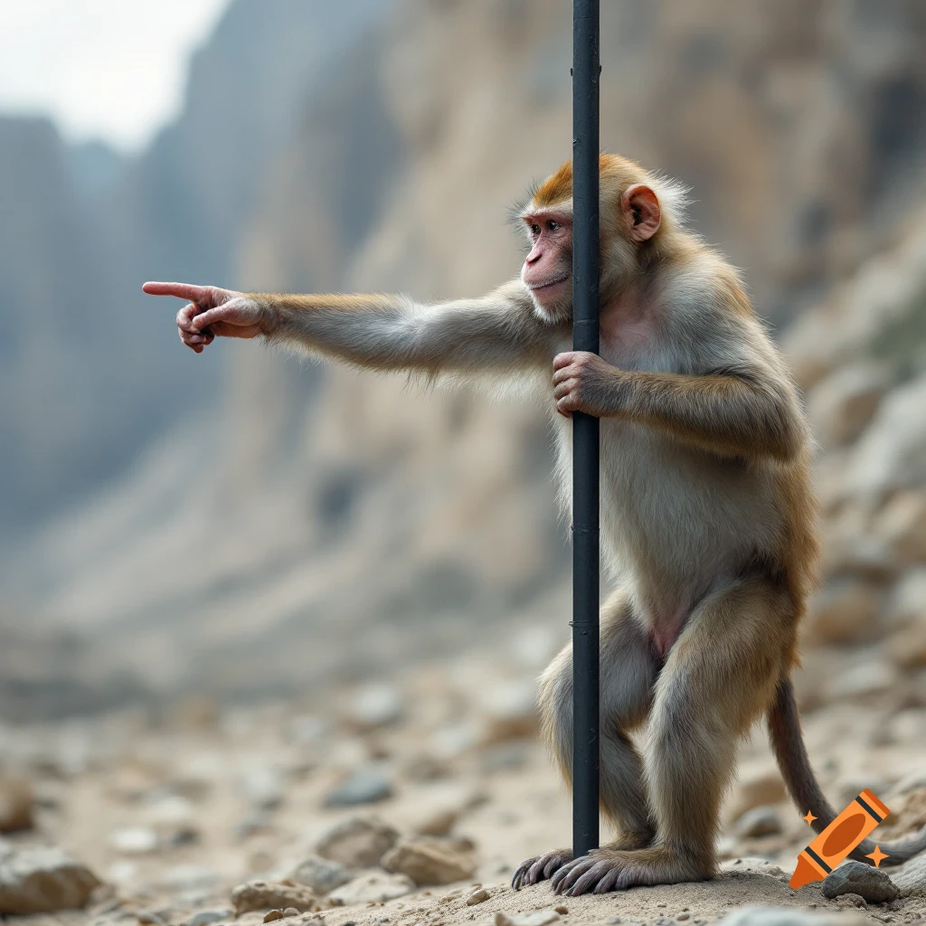 A rhesus macaque monkey stands holding a pole and pointing to the left ...