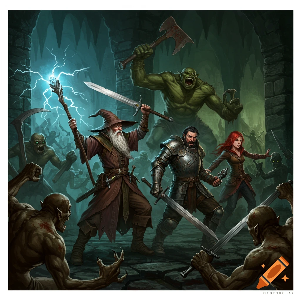 A wizard, warrior, and rogue battling monsters in a dungeon on Craiyon