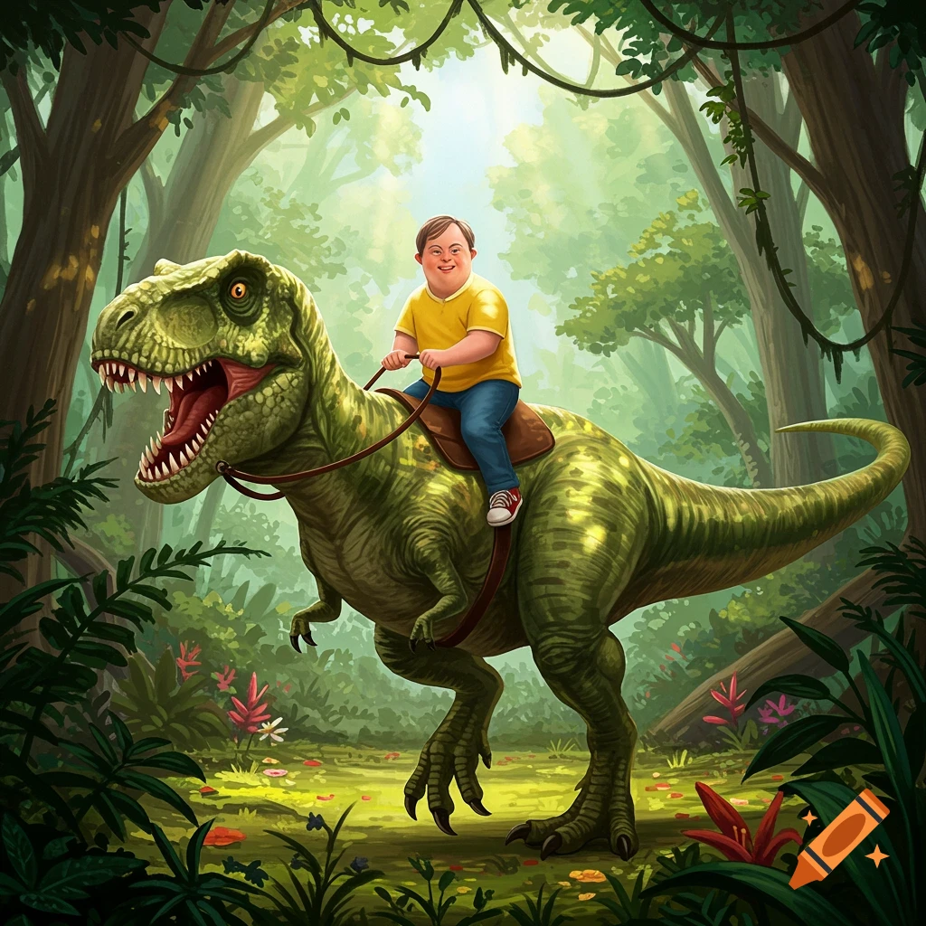 A person rides a T-Rex through a lush jungle with vibrant colors. on ...