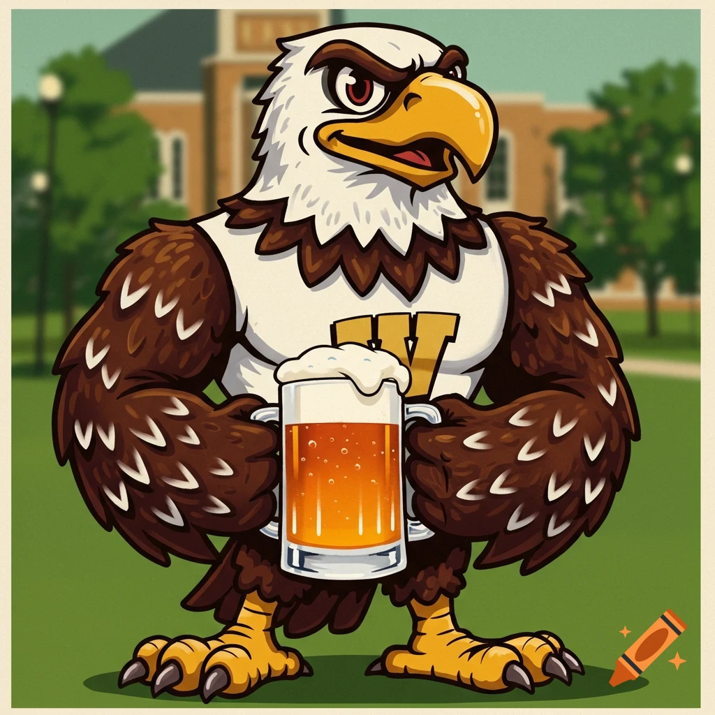 A muscular anthropomorphic eagle holding a beer runs in a marathon with ...