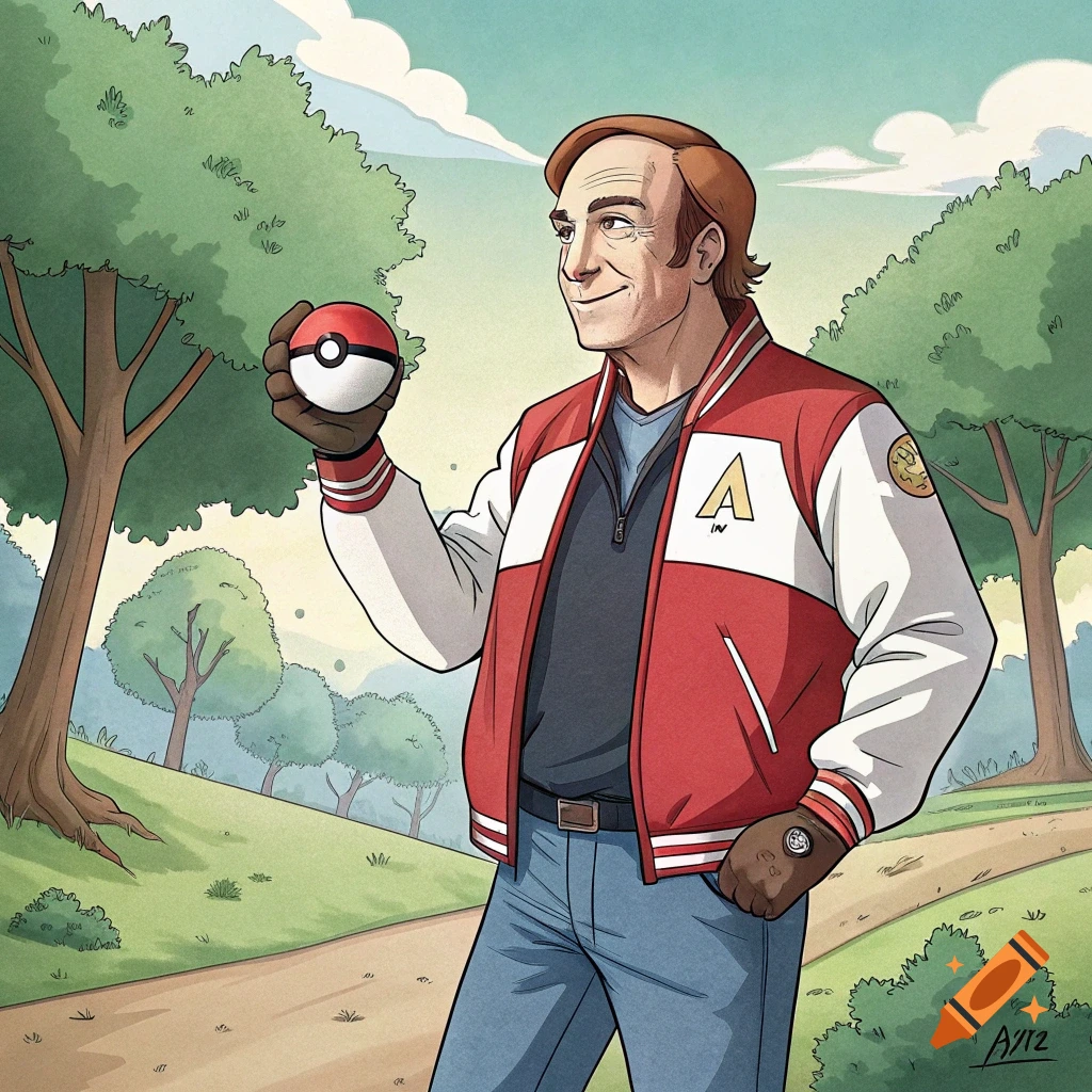 Cartoon illustration of Saul Goodman dressed as a Pokemon trainer ...