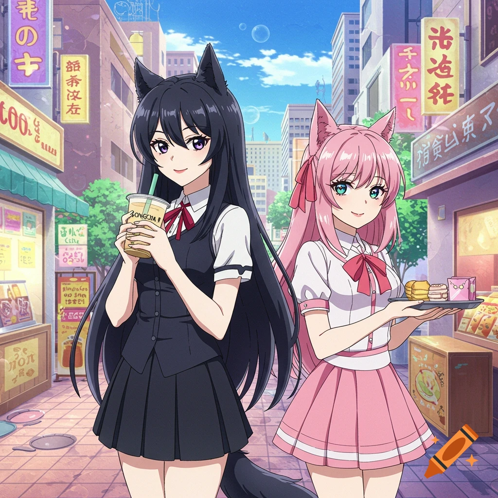 Two anime-style sisters with milk tea in a vibrant city on Craiyon