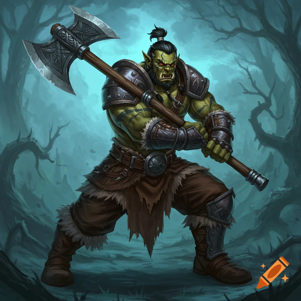 An orc fighter with a large axe and purple claws stands ready in a cave. on Craiyon