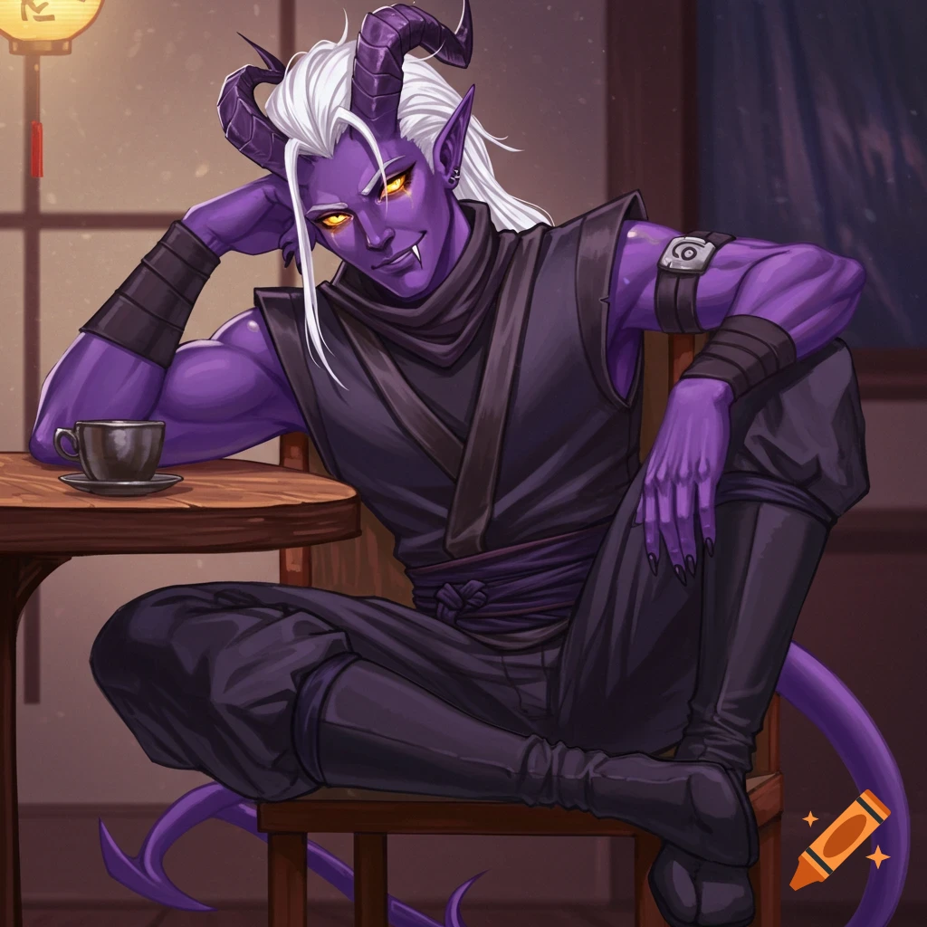 Ninja tiefling with purple skin and glowing eyes smirking on Craiyon