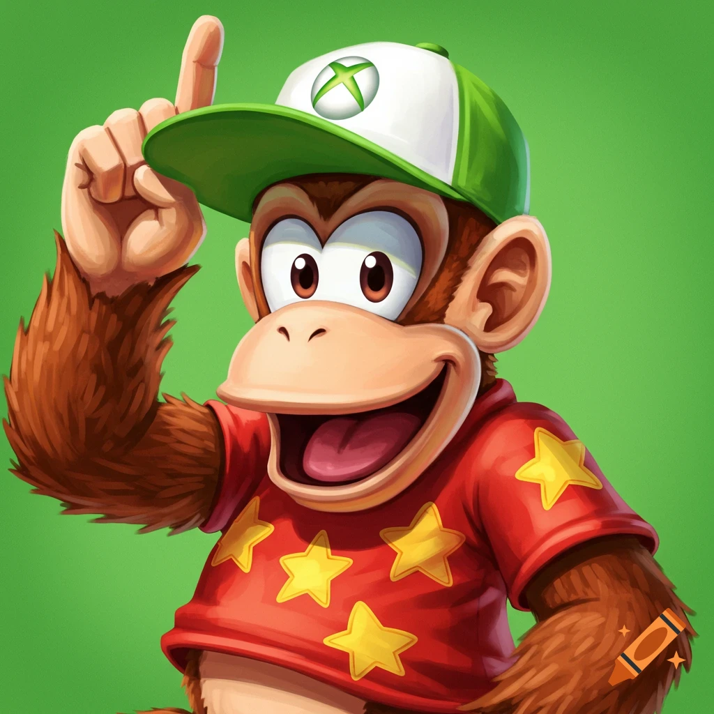Diddy Kong, a cartoon monkey in a red shirt, jeans, and purple hat, points upwards. on Craiyon