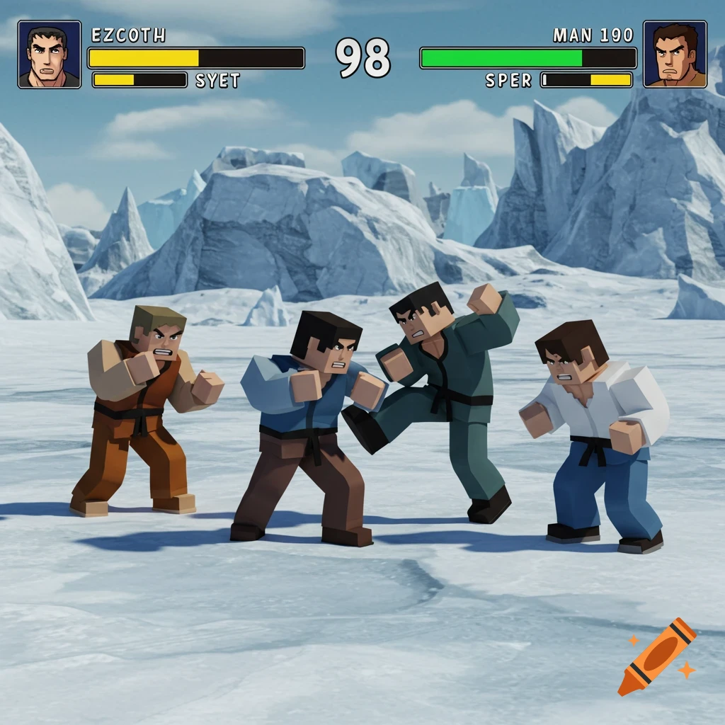 Blocky 3D fighting game characters fight in a park with a city skyline ...