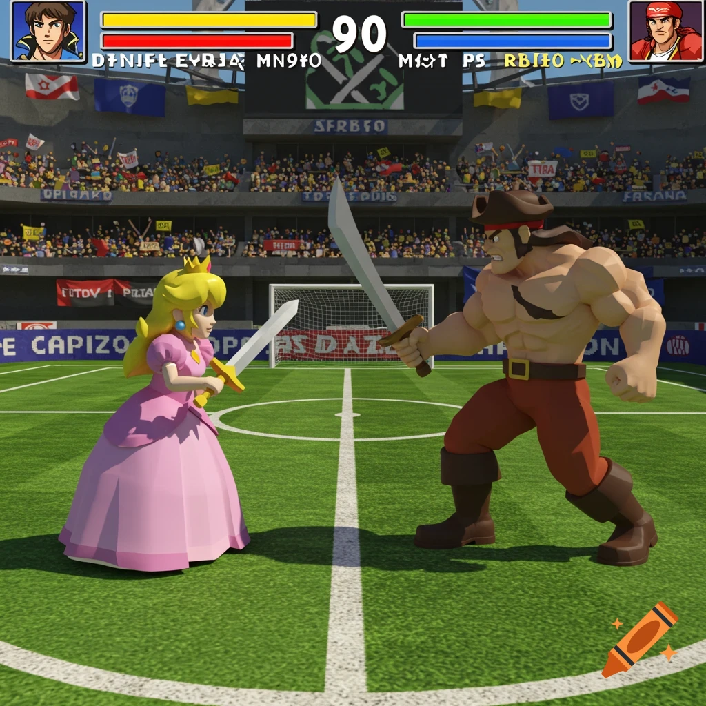 PS1 3D fighting game: princess vs. pirate in soccer arena on Craiyon