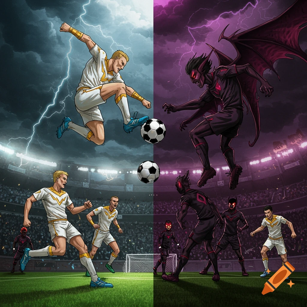 Team villains vs team heroes playing soccer, dark vs light, good vs ...