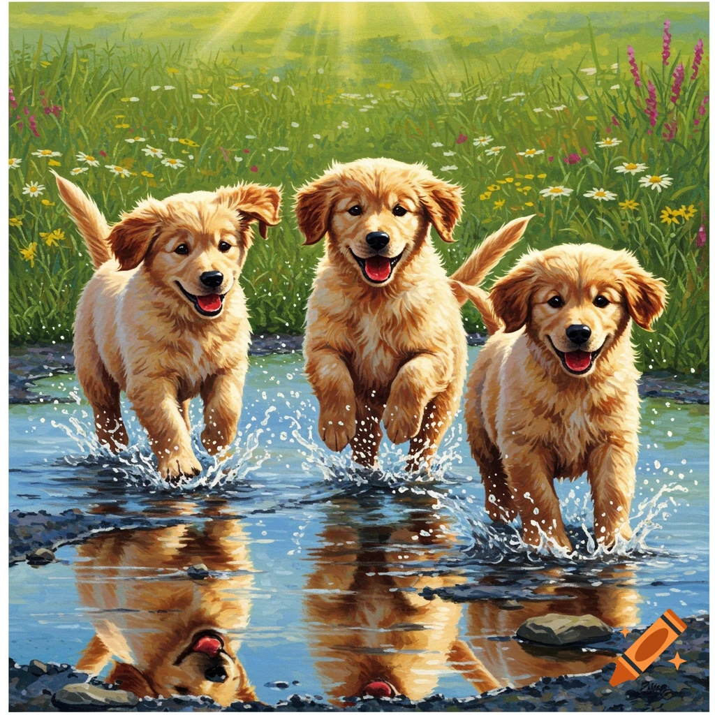 Three golden retriever puppies splashing in a puddle in a sunny field ...