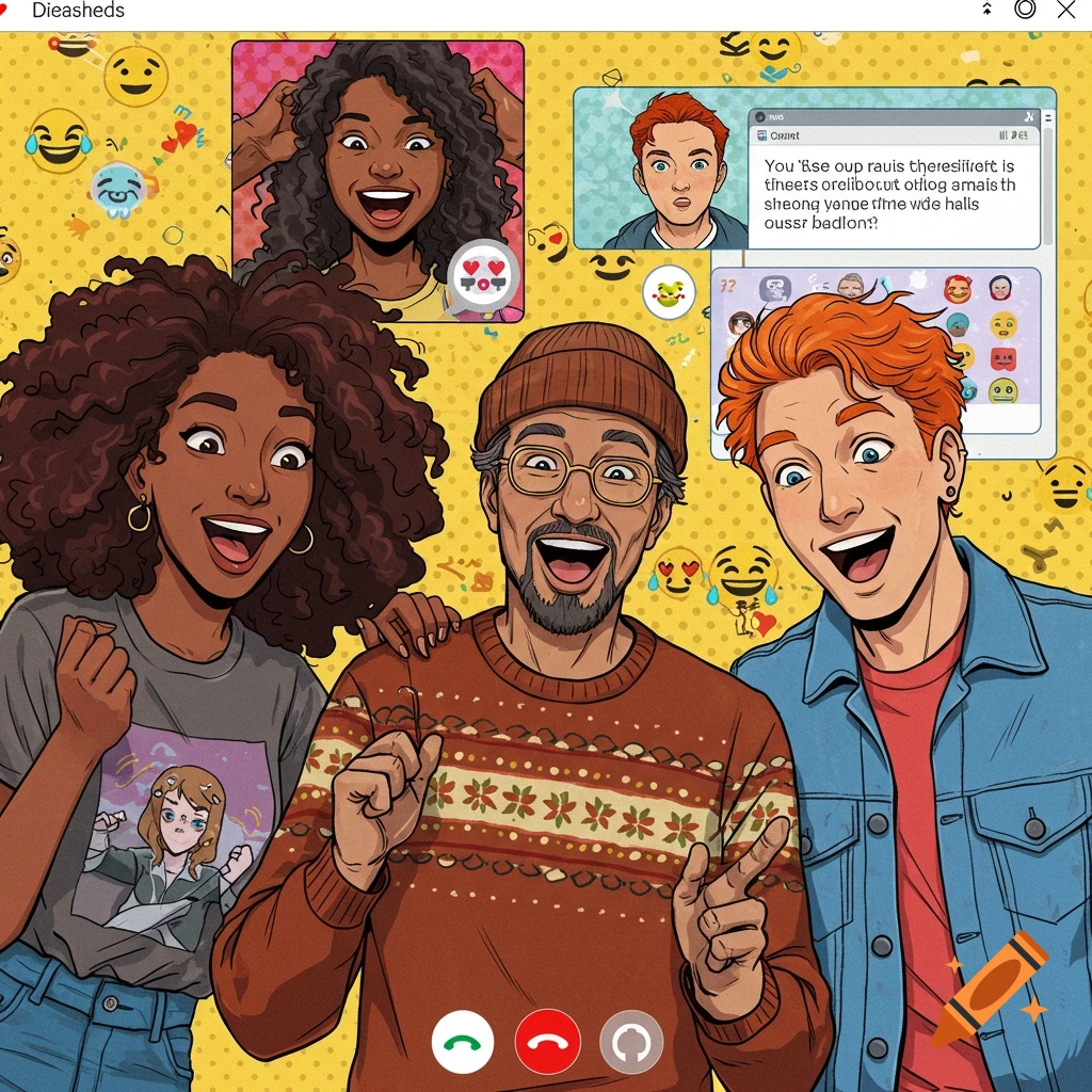 Cartoon illustration of friends on a video call on Craiyon