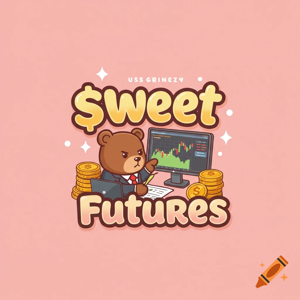 Cartoon bear trader logo with $weet Futures text, computer, and money ...