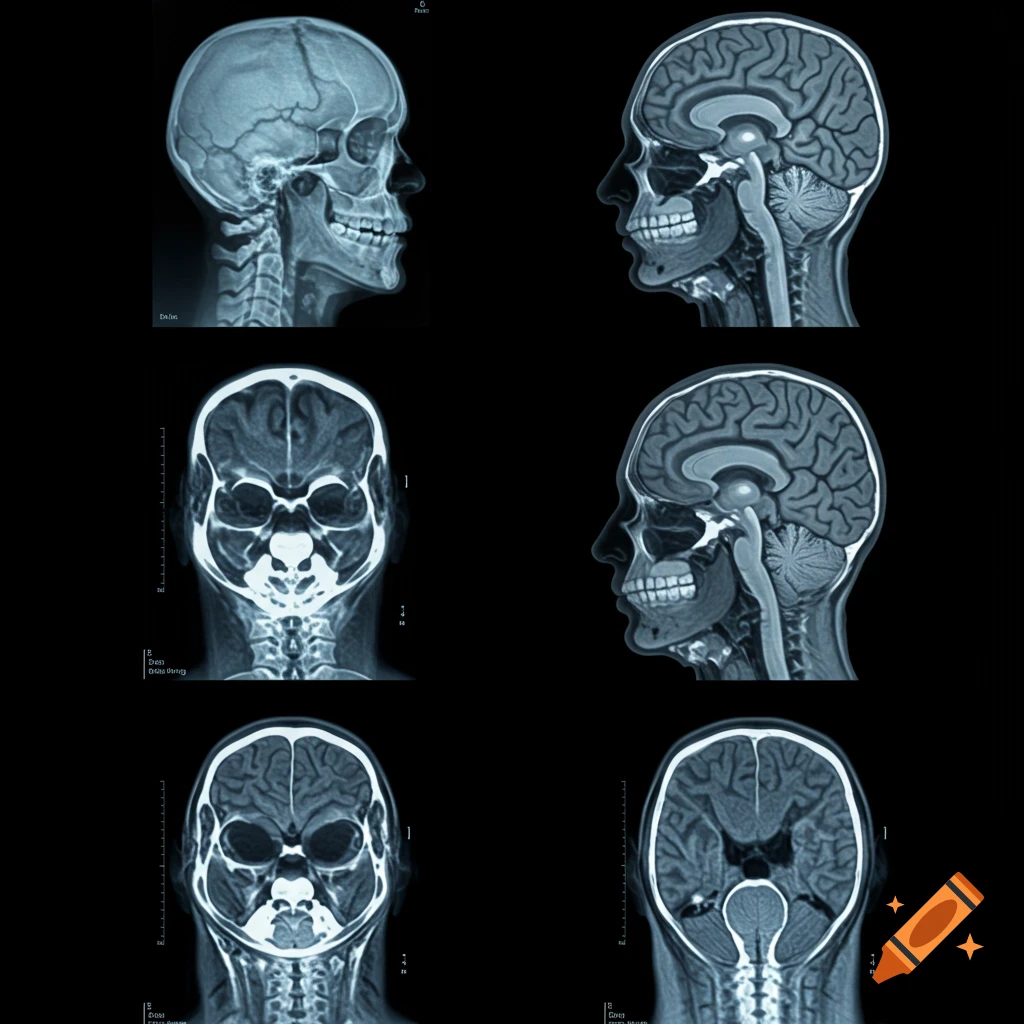 Grid showing multiple medical scans of a human head and brain ...