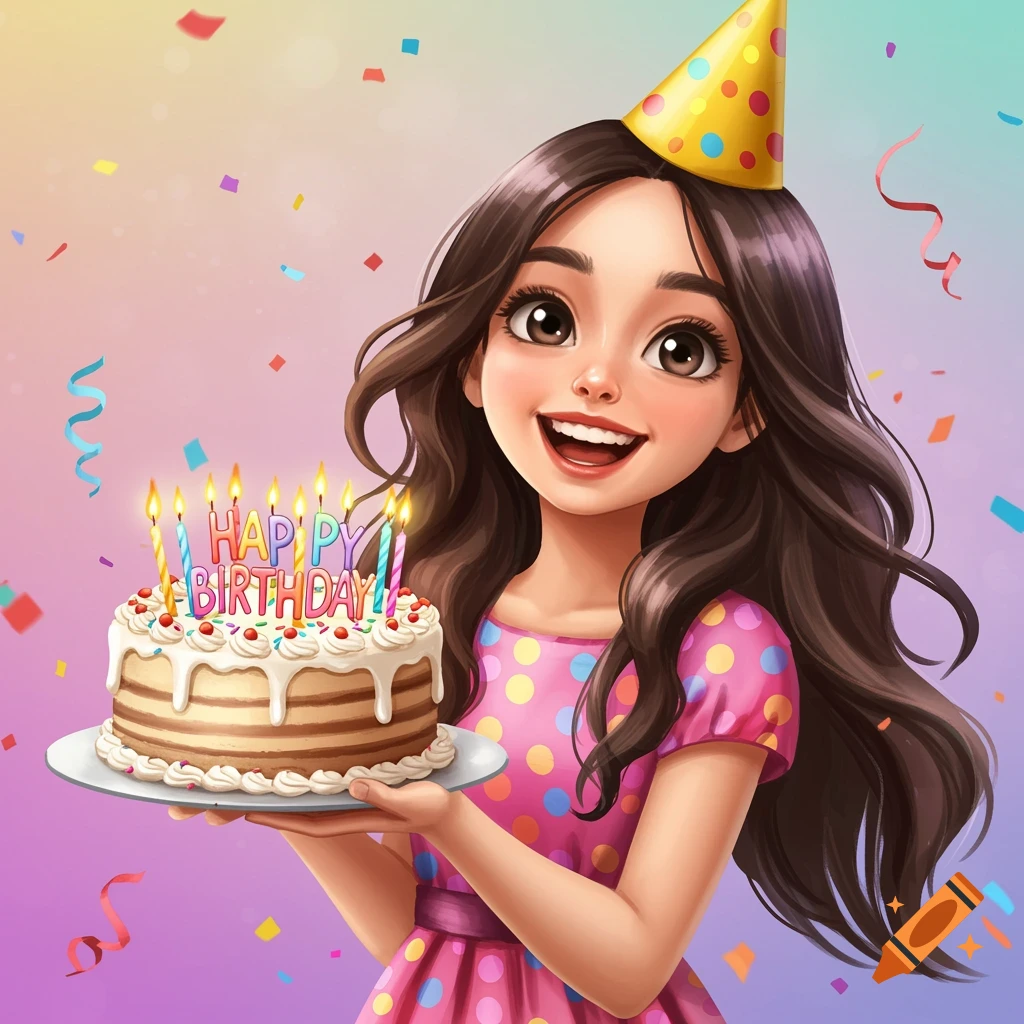 Smiling cartoon girl holds a birthday cake with lit candles. Stylized ...