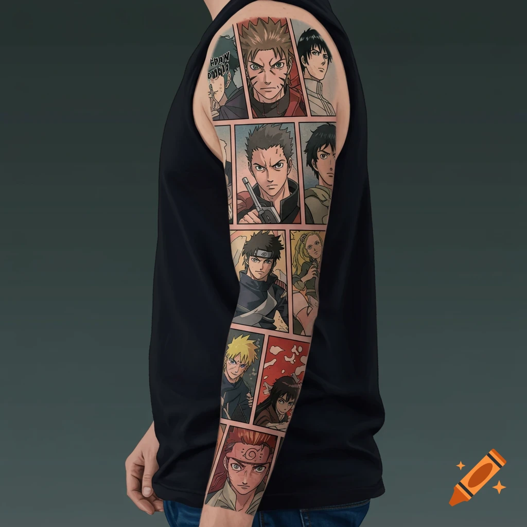 Manga panel tattoo sleeve with Dan Da Dan, Naruto, Cowboy Bebop, Halo ...