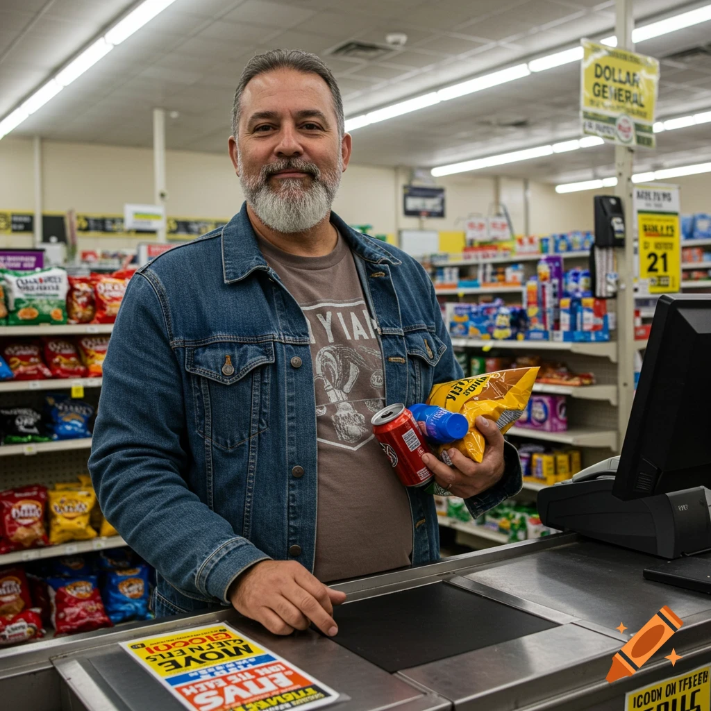 Man at Dollar General checkout on Craiyon