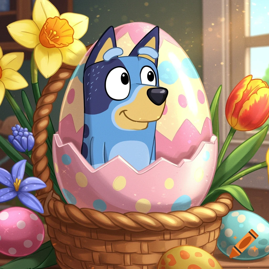 Bluey character in a cracked Easter egg surrounded by flowers in a ...
