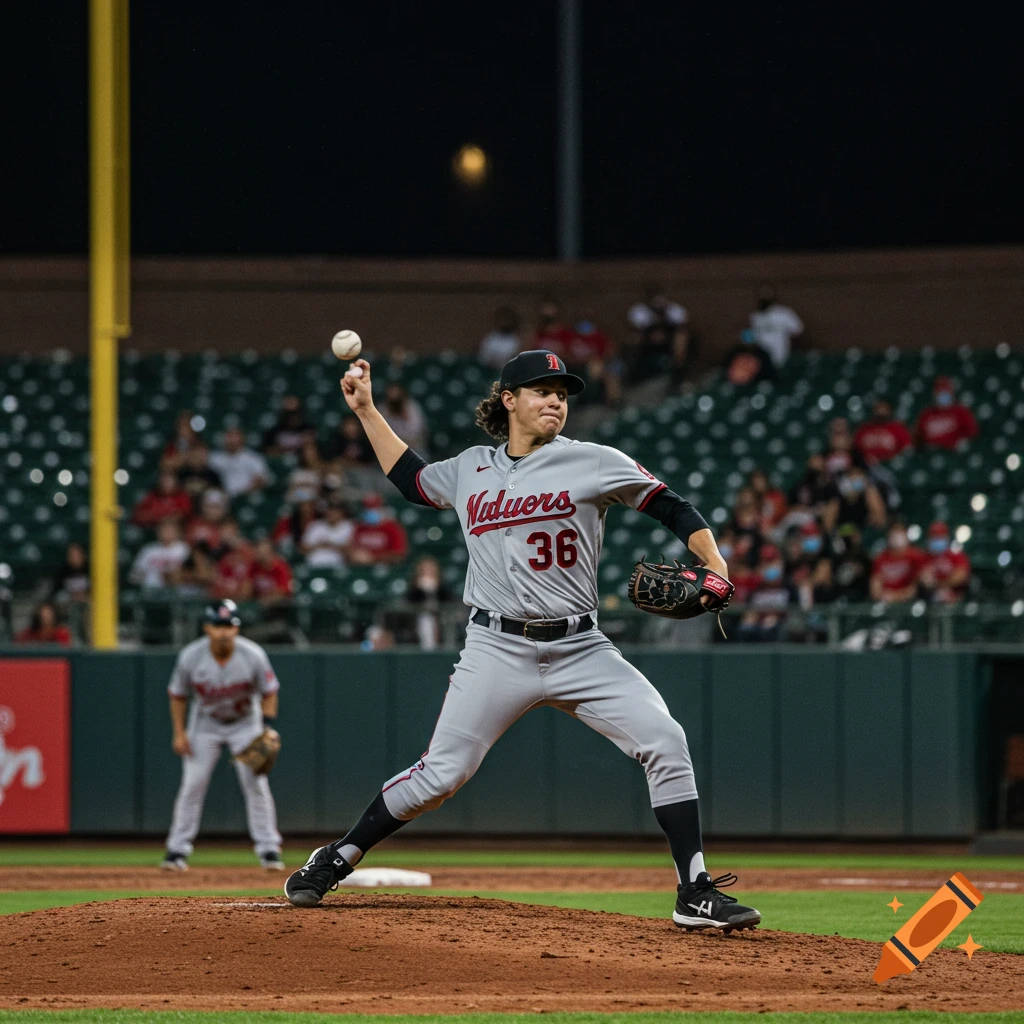 Baseball pitcher on stadium field, Canon EOS Rebel T6 photo on Craiyon