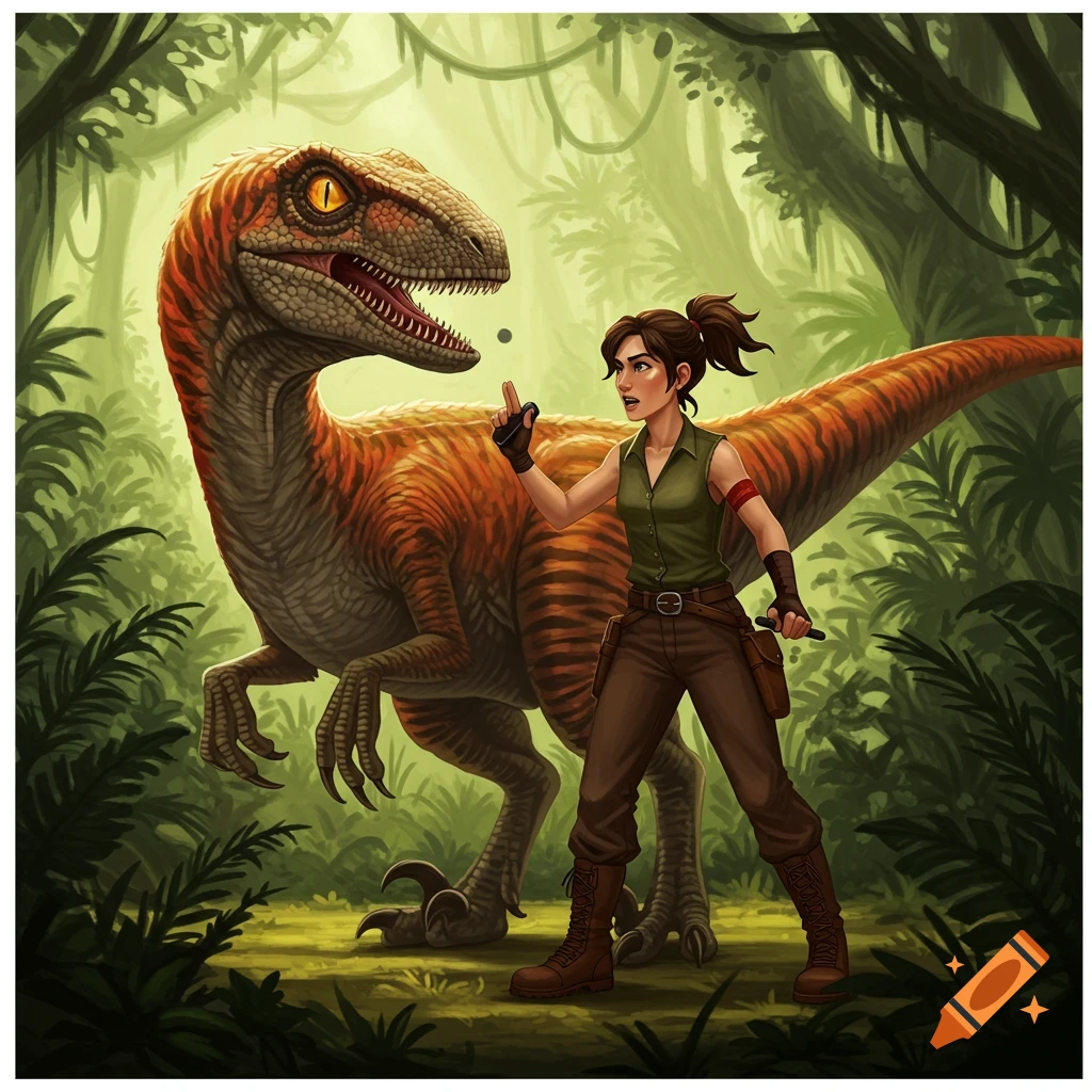 An adventurer is facing a velociraptor in a jungle. on Craiyon