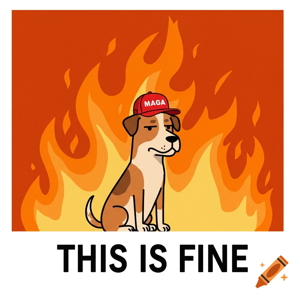 Cartoon featuring a red MAGA hat with 'this is fine' on Craiyon