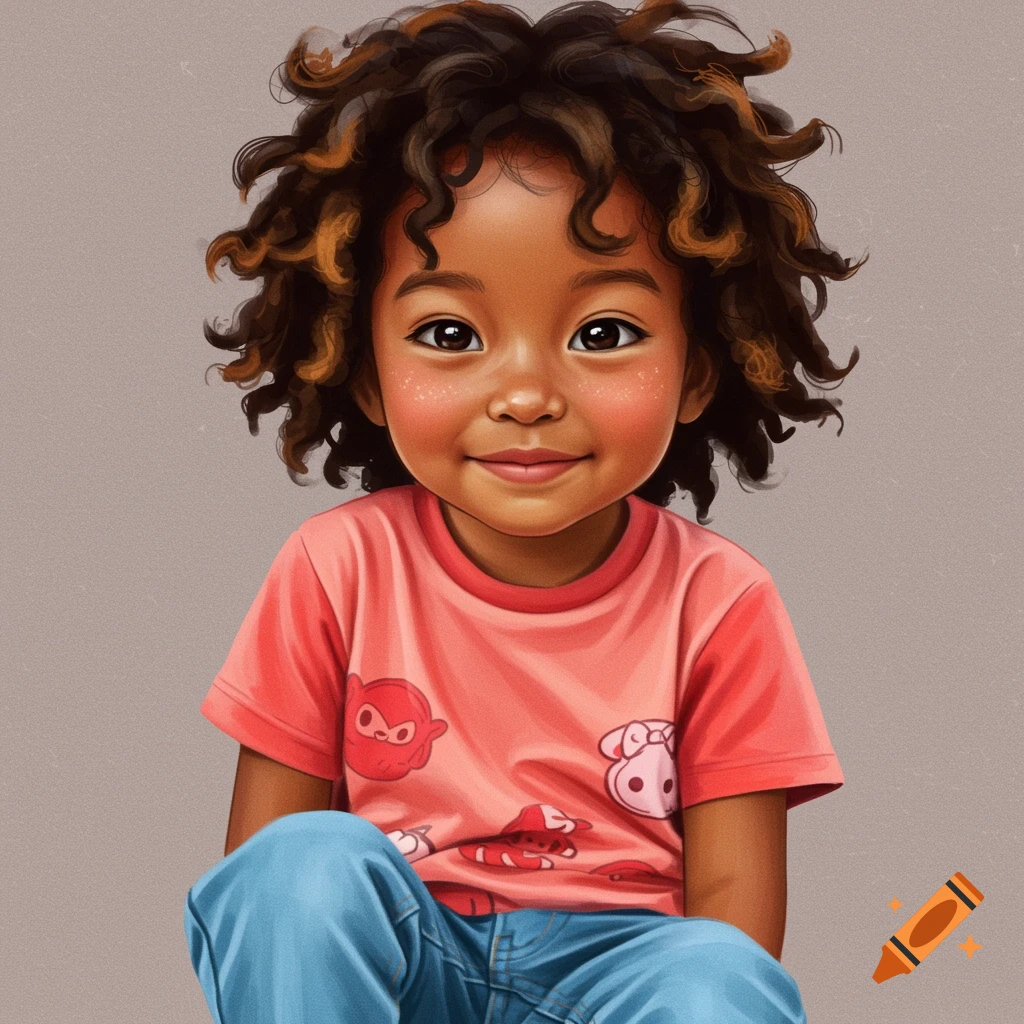 A smiling child with curly brown hair, freckles, wearing a pink shirt ...