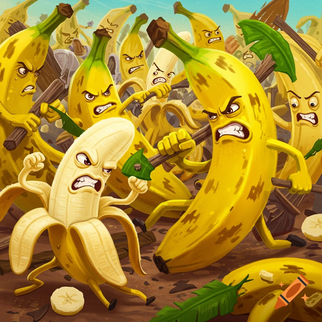 Angry bananas fighting each other with sticks and leaves. on Craiyon