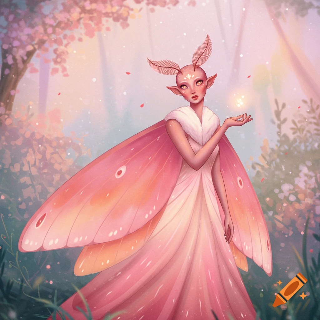 Rosy maple moth woman spirit guide holding a light in a forest. on Craiyon