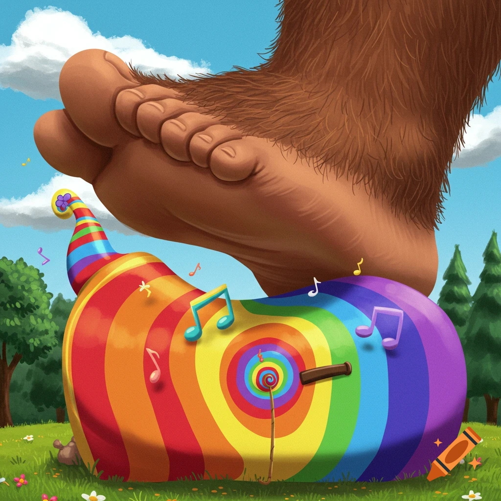 A giant cartoon foot is sprayed with water from a hose while a small ...