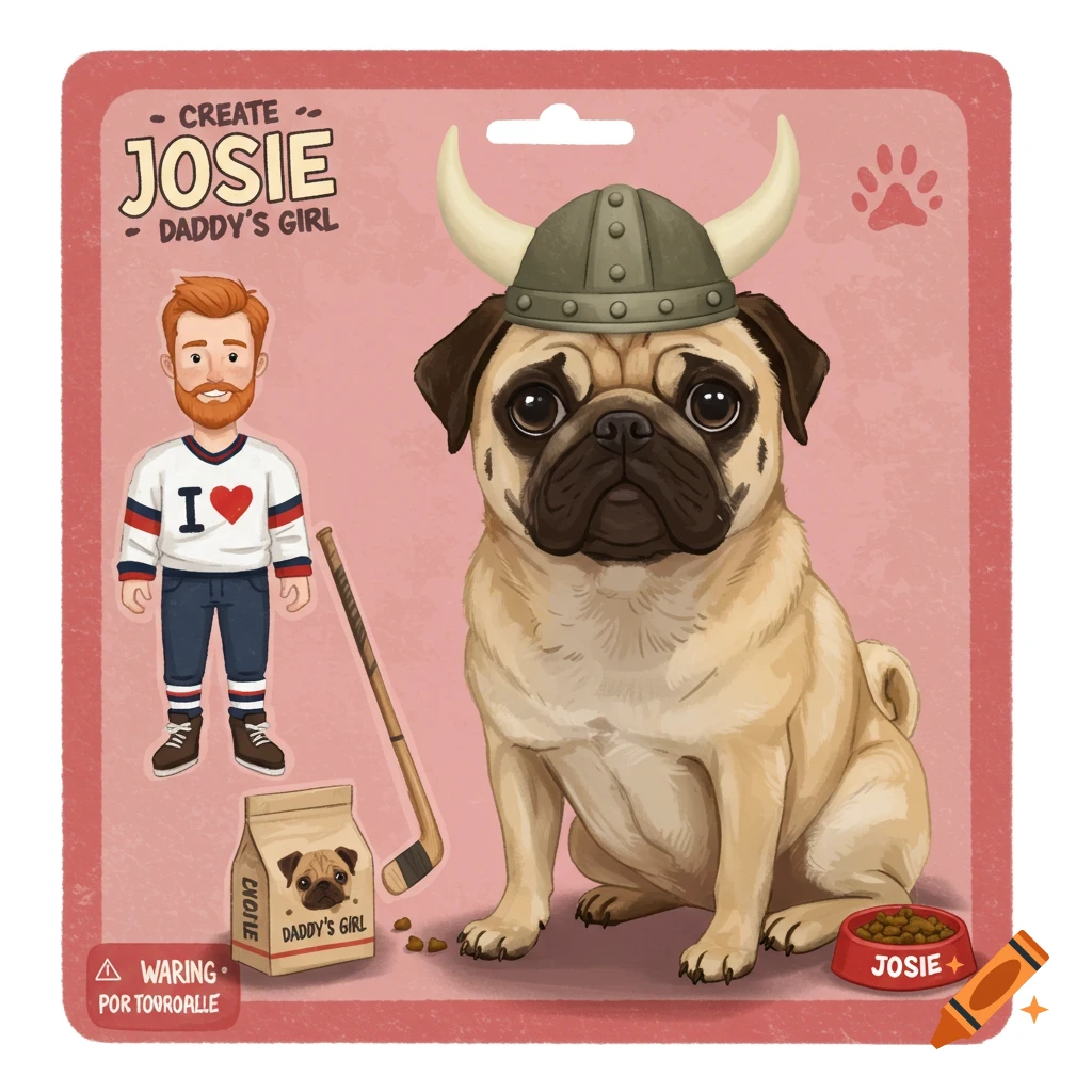 Pug action figure with Viking helmet, man with 'I love Josie' shirt ...